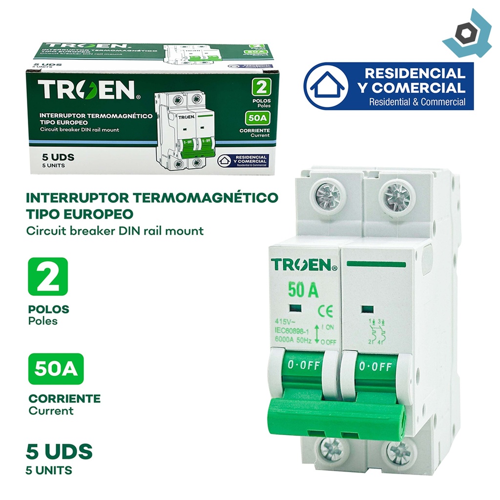 BREAKER TERMOMAGNETICO 50A 2P TIPO EUROPEO TROEN | Litani Import Export